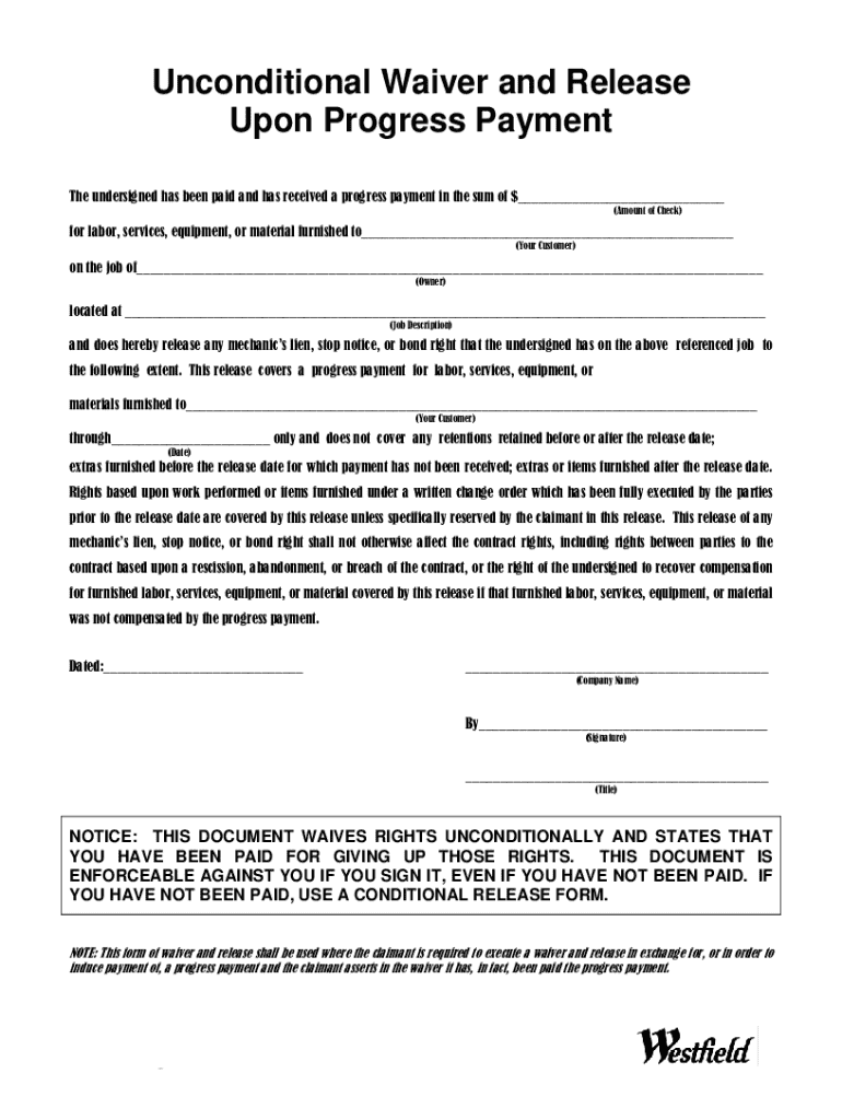 Fillable Online Unconditional Waiver and Release Upon Progress Payment ...