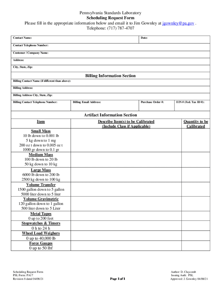 Fillable Online Pennsylvania Standards Laboratory Scheduling Request Form Fax Email Print ...