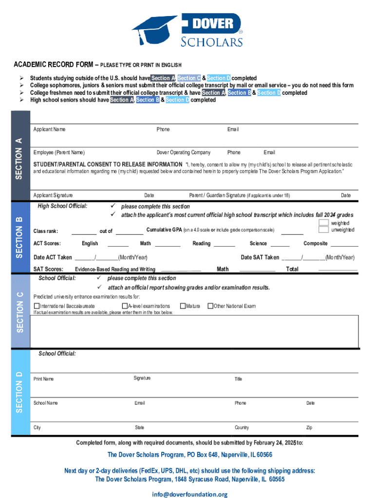 Fillable Online Academic Record for Dover Scholars Program Fax Email Print - pdfFiller