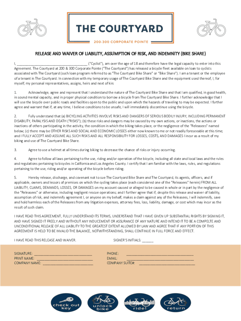 Fillable Online Release and Waiver of Liability for Bike Share Fax ...