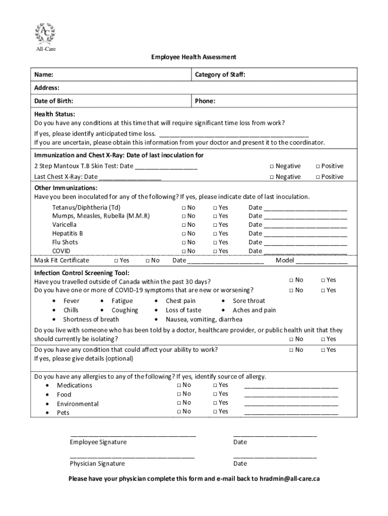 Fillable Online All-care Employee Health Assessment Fax Email Print ...