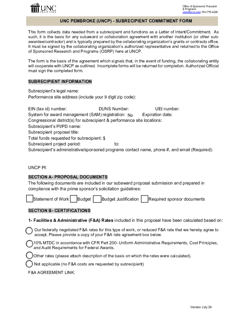 Fillable Online Unc Pembroke Subrecipient Commitment Form Fax Email ...