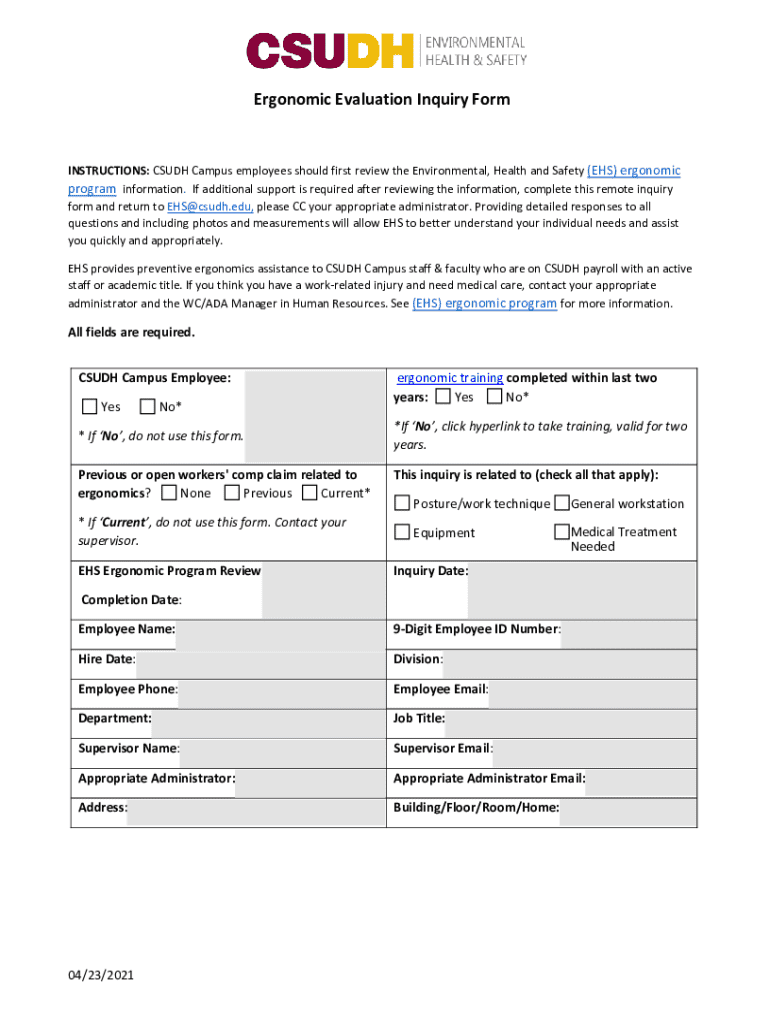 Fillable Online Ergonomic Evaluation Inquiry Form Fax Email Print ...