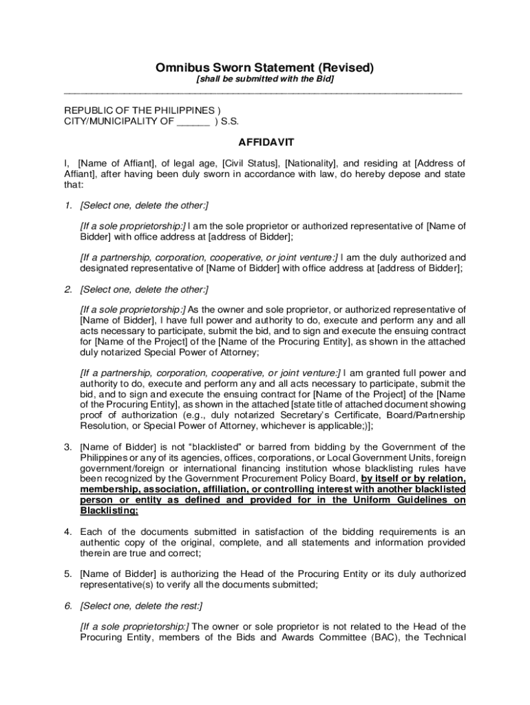 Fillable Online Omnibus Sworn Statement (revised) and Bid Securing ...
