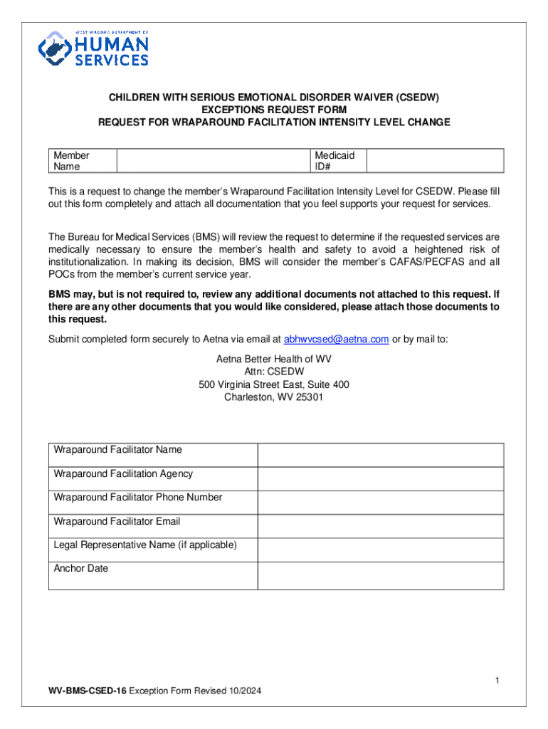 Fillable Online Children With Serious Emotional Disorder Waiver Exceptions Request Form Fax ...