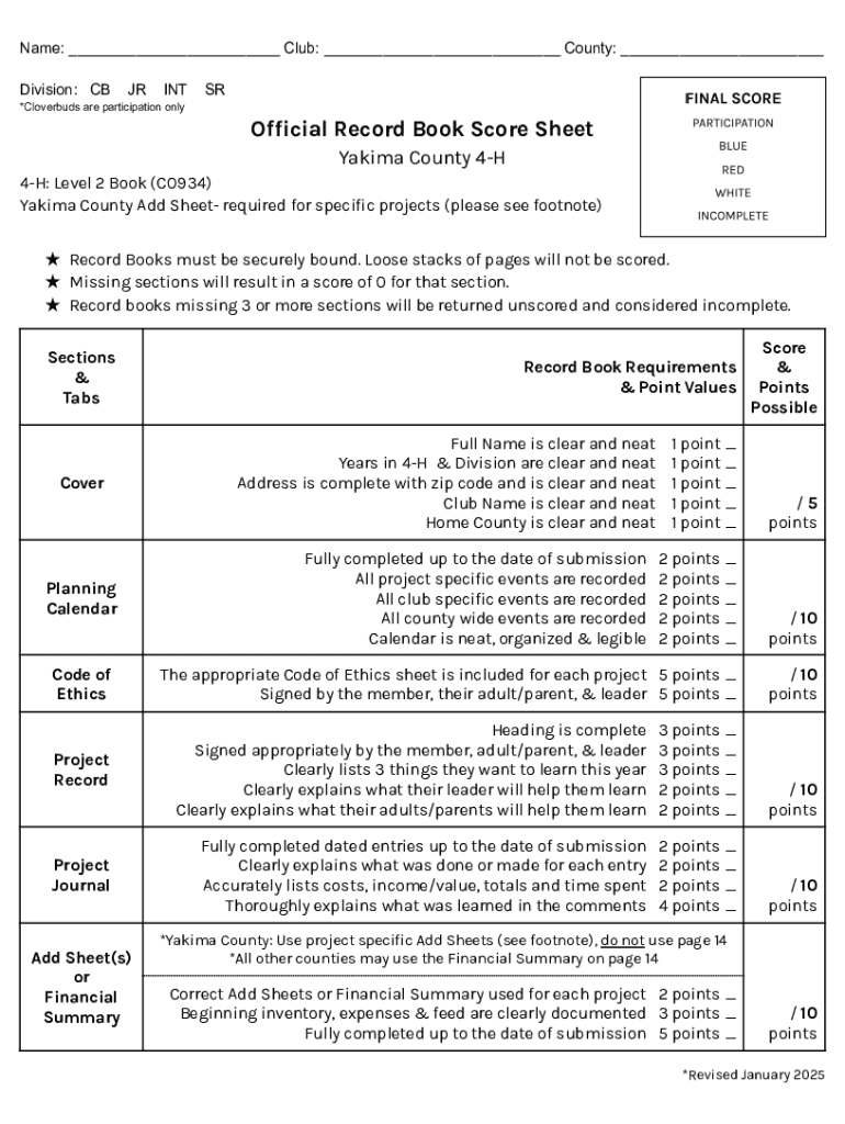 Fillable Online Yakima County 4-h Official Record Book Score Sheet Fax Email Print - pdfFiller