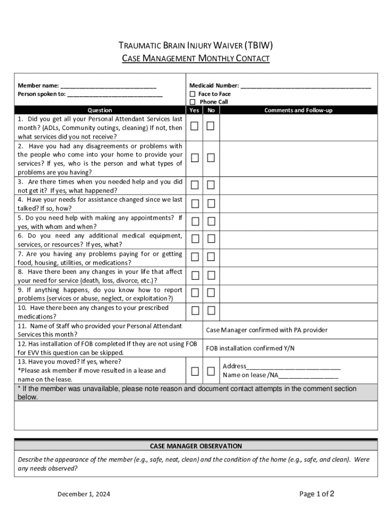 Fillable Online Traumatic Brain Injury Waiver Monthly Contact Form Fax ...