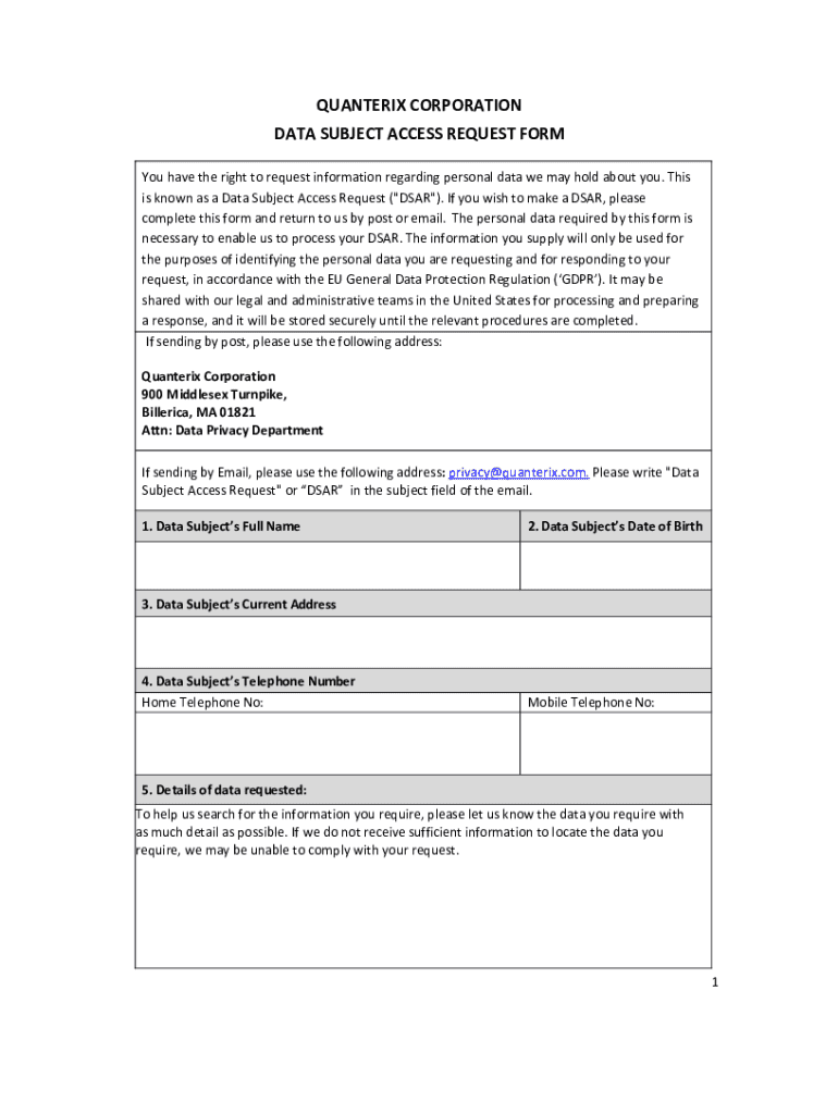 Fillable Online Quanterix Corporation Data Subject Access Request Fax Email Print - pdfFiller