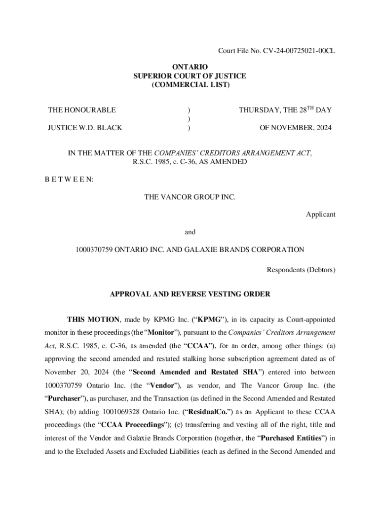 Fillable Online Approval and Reverse Vesting Order Fax Email Print - pdfFiller