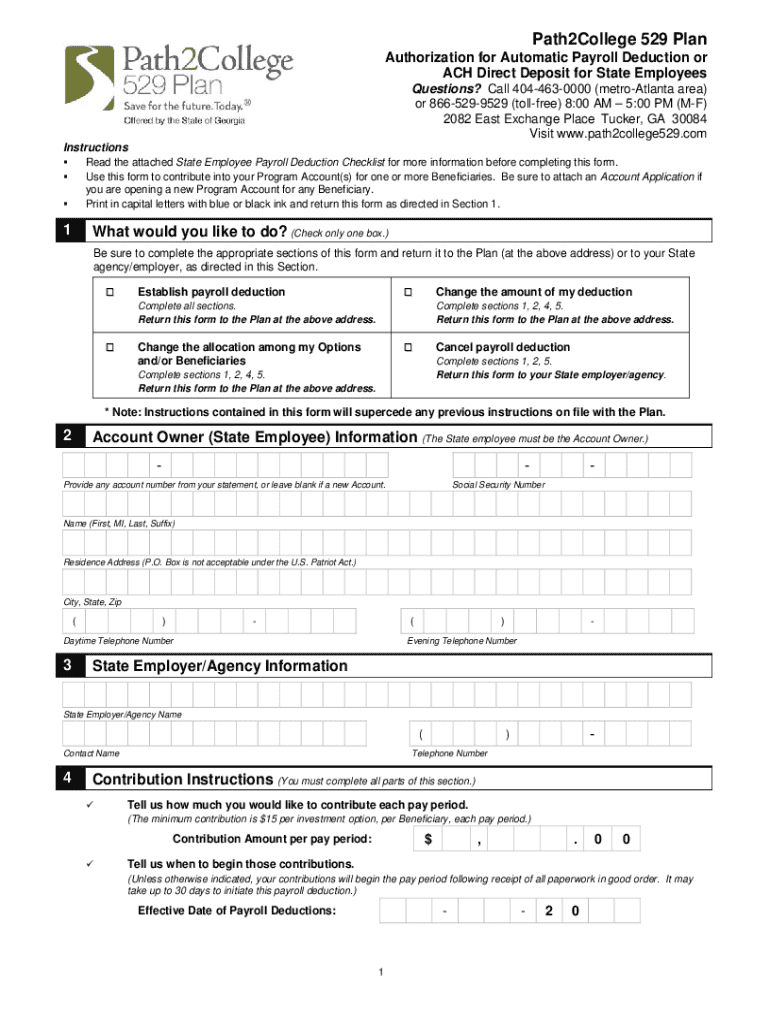 Fillable Online Path2college 529 Plan Payroll Deduction Authorization ...