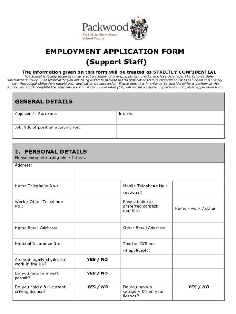 Fillable Online Employment Application Form (support Staff) Fax Email Print - pdfFiller