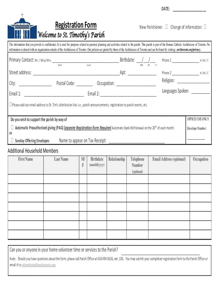 Fillable Online New Parishioner Registration Fax Email Print - pdfFiller