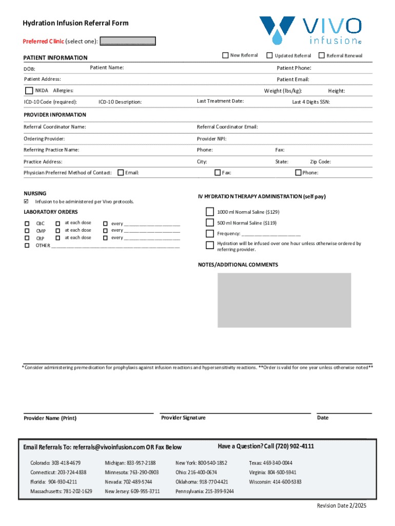 Fillable Online Hydration Infusion Referral Form Fax Email Print ...