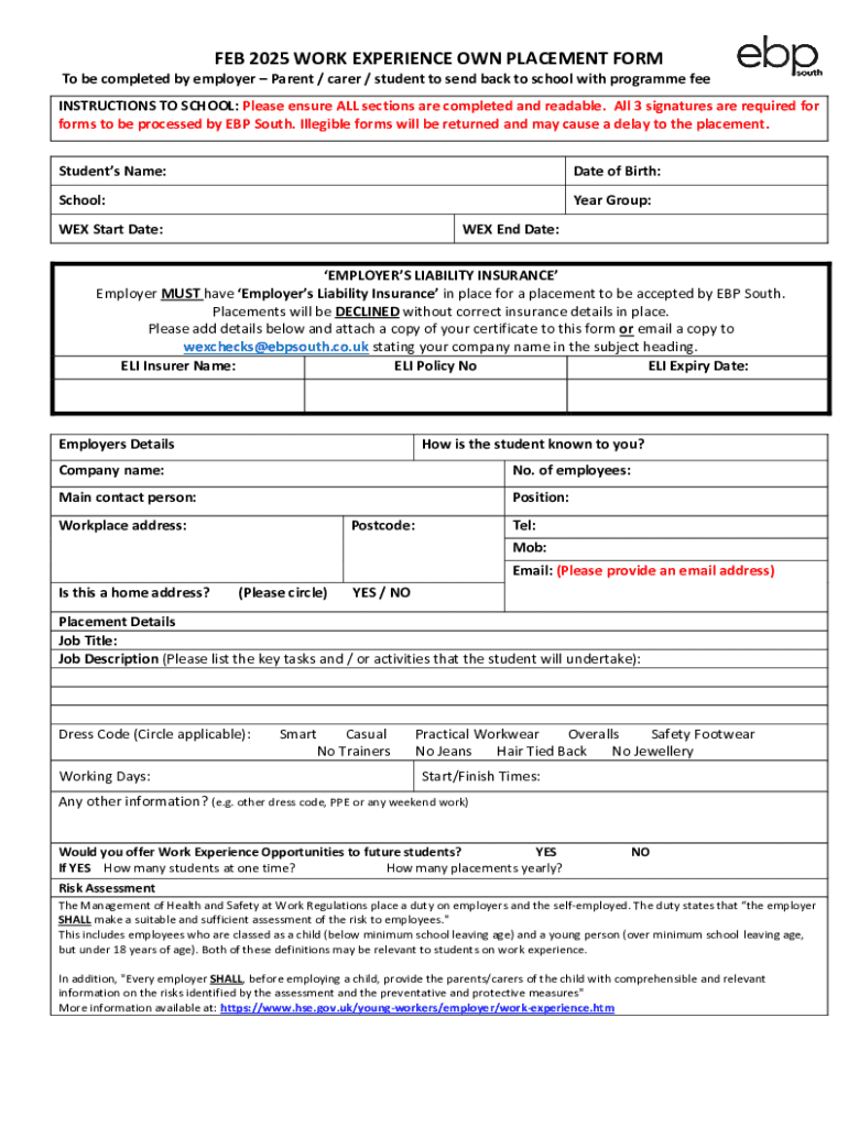 Fillable Online Work Experience Placement Form Fax Email Print - pdfFiller