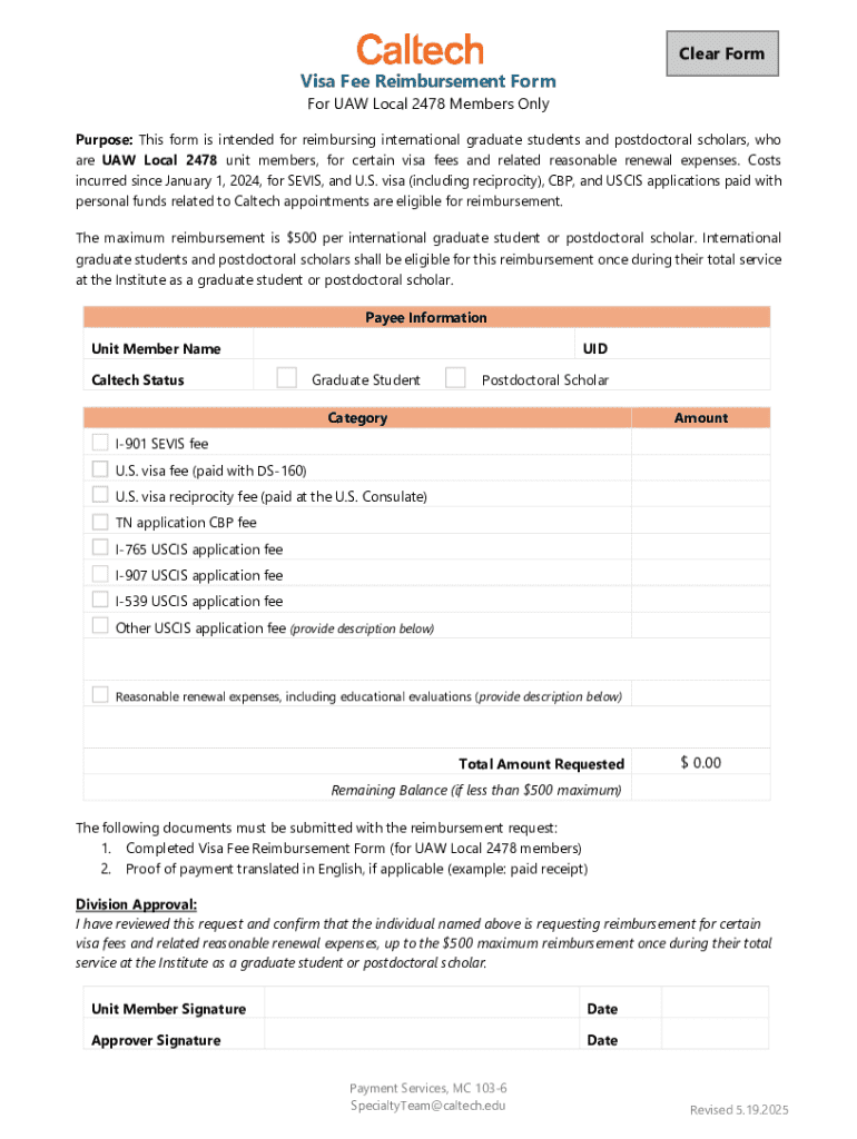 Fillable Online Visa Fee Reimbursement Form for Uaw Local 2478 Members ...