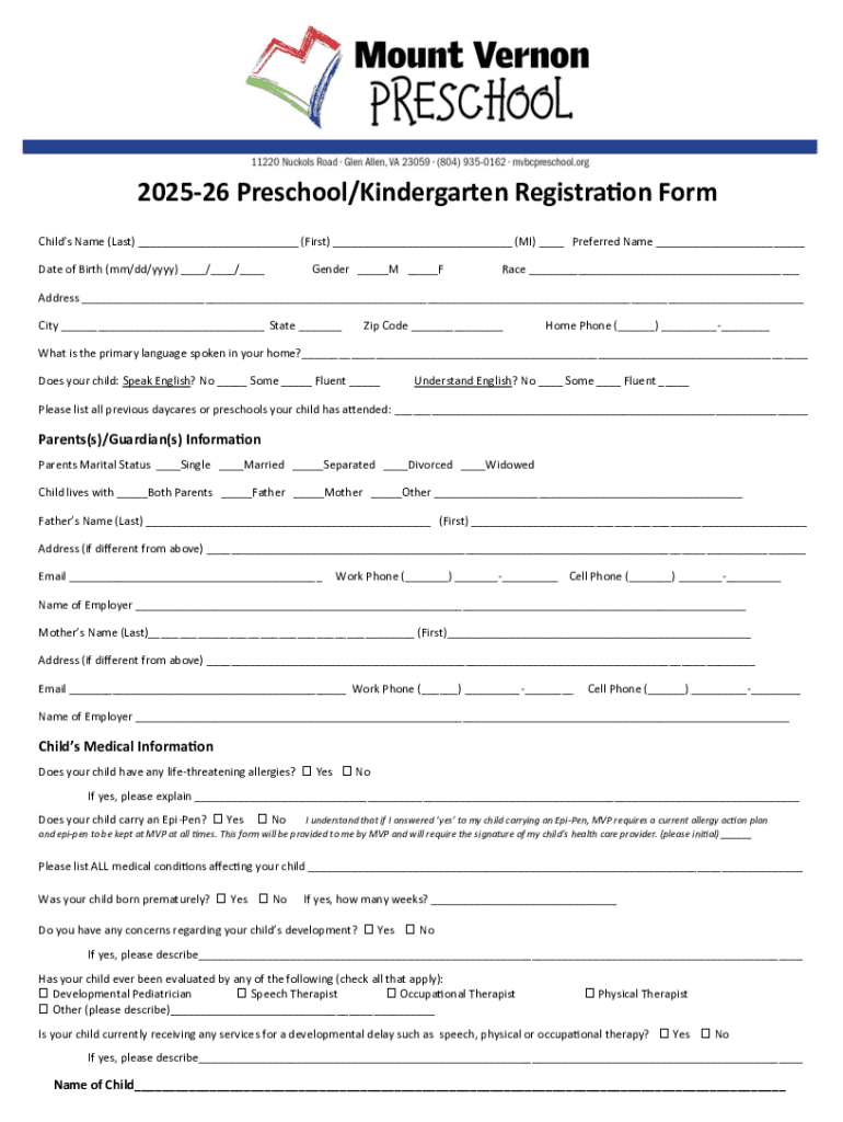 Fillable Online 2025-26 Preschool/kindergarten Registration Fax Email ...