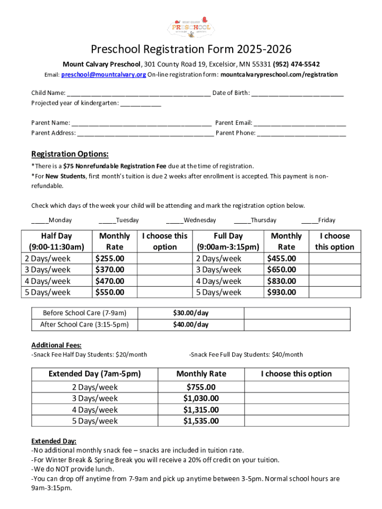 Fillable Online Preschool Registration Form Fax Email Print - pdfFiller