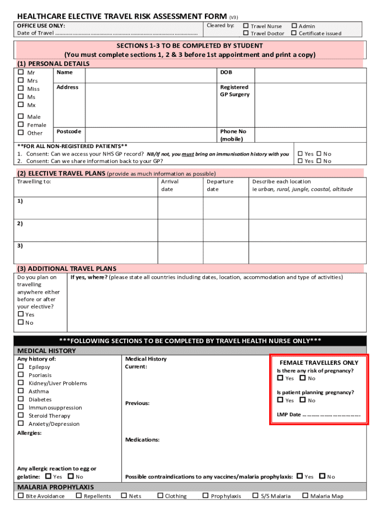 Fillable Online Healthcare Elective Travel Risk Assessment Fax Email ...