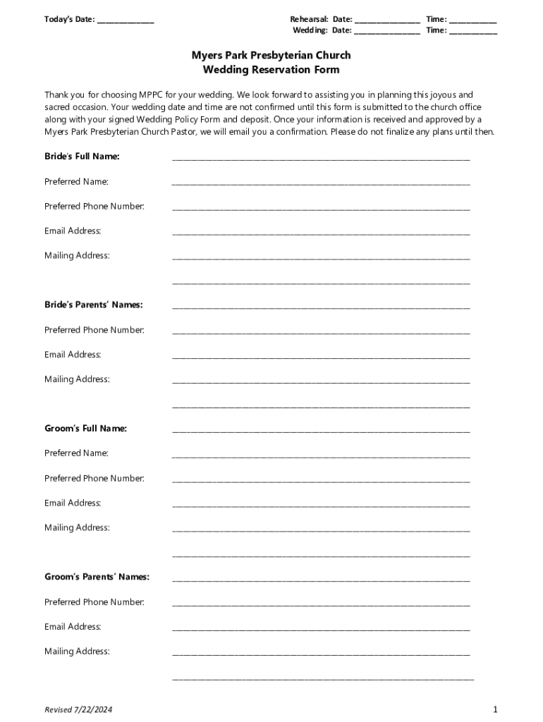Fillable Online Myers Park Presbyterian Church Wedding Reservation Form ...