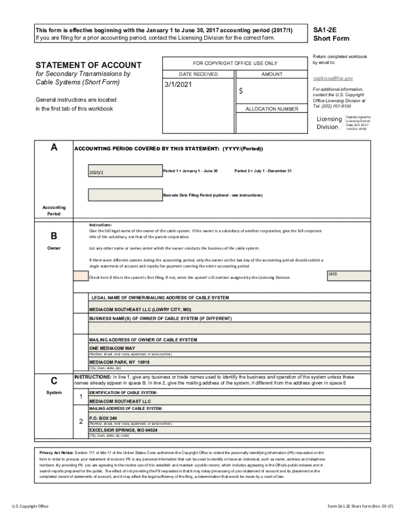 Fillable Online Statement of Account for Secondary Transmissions by ...