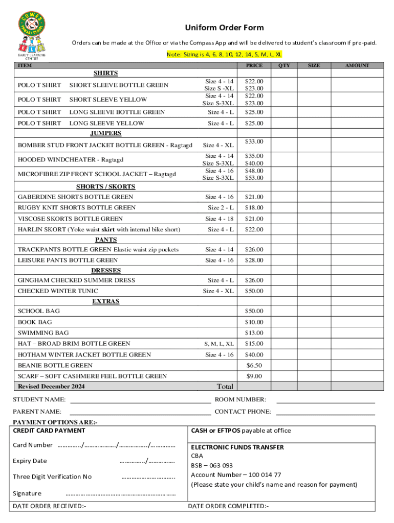 Fillable Online Uniform Order Form Fax Email Print - pdfFiller