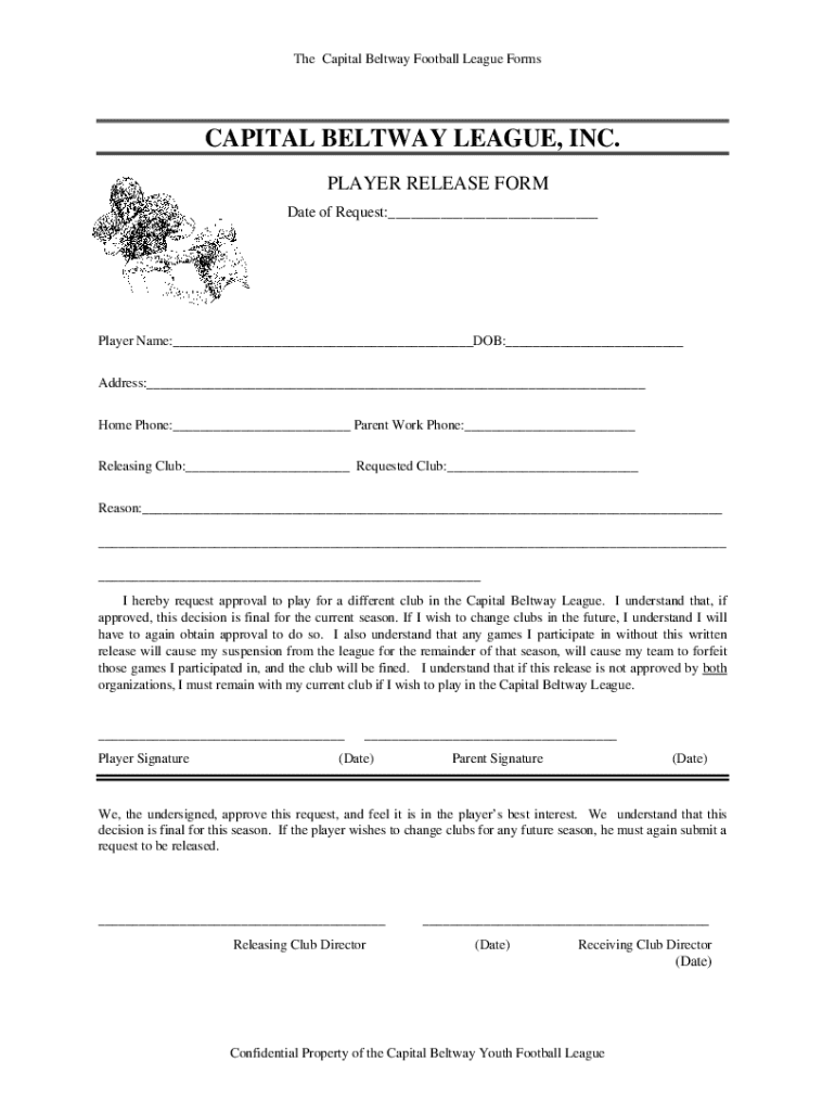 Fillable Online Capital Beltway League Player Release Form Fax Email ...
