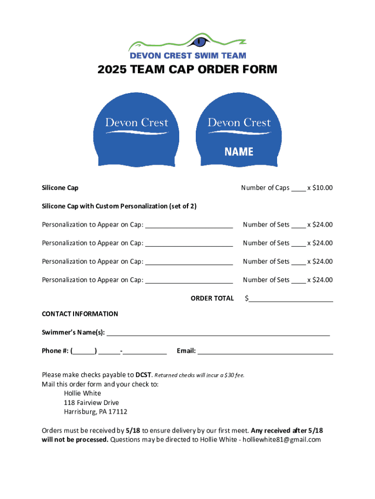 Fillable Online 2025 Team Cap Order Form Fax Email Print - pdfFiller
