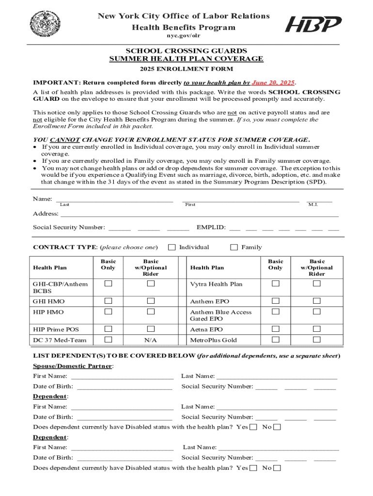 Fillable Online School Crossing Guards Summer Health Plan Coverage ...