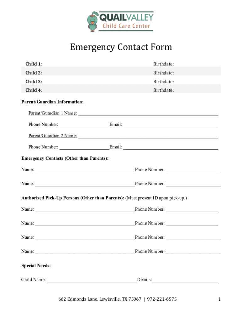 Fillable Online Emergency Contact Form Fax Email Print - pdfFiller