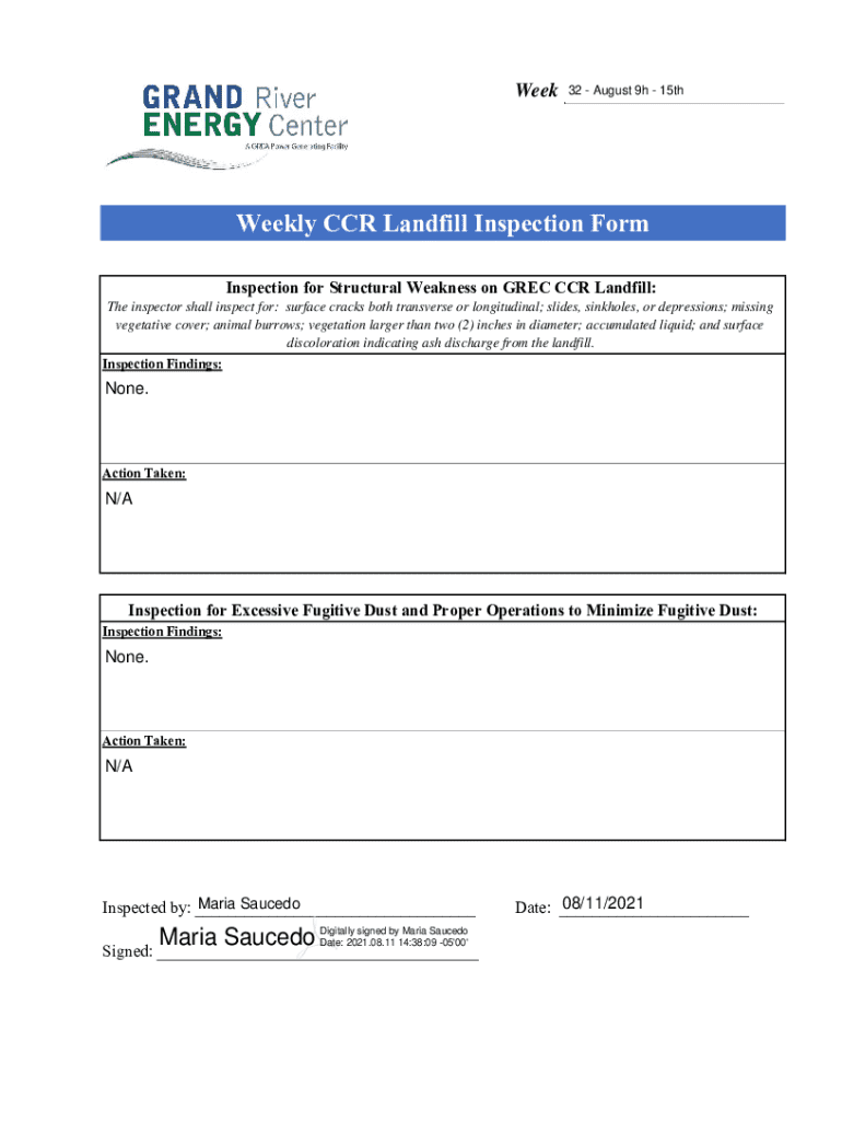 Fillable Online Weekly Ccr Landfill Inspection Fax Email Print - pdfFiller