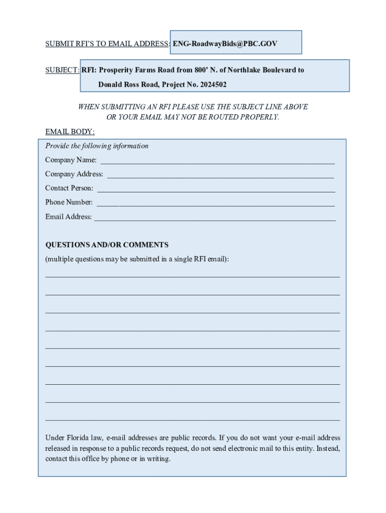 Fillable Online Rfi Submission for Prosperity Farms Road Project Fax Email Print - pdfFiller