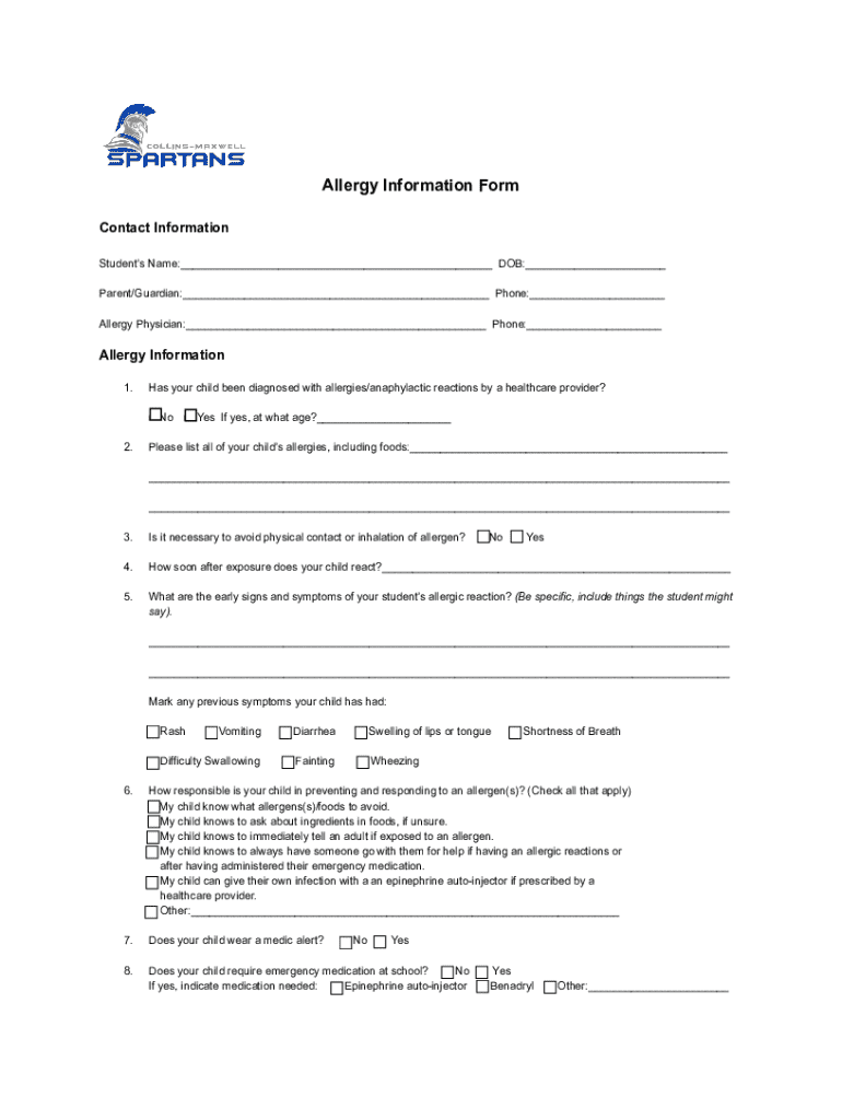Fillable Online Allergy Information Form Fax Email Print - pdfFiller