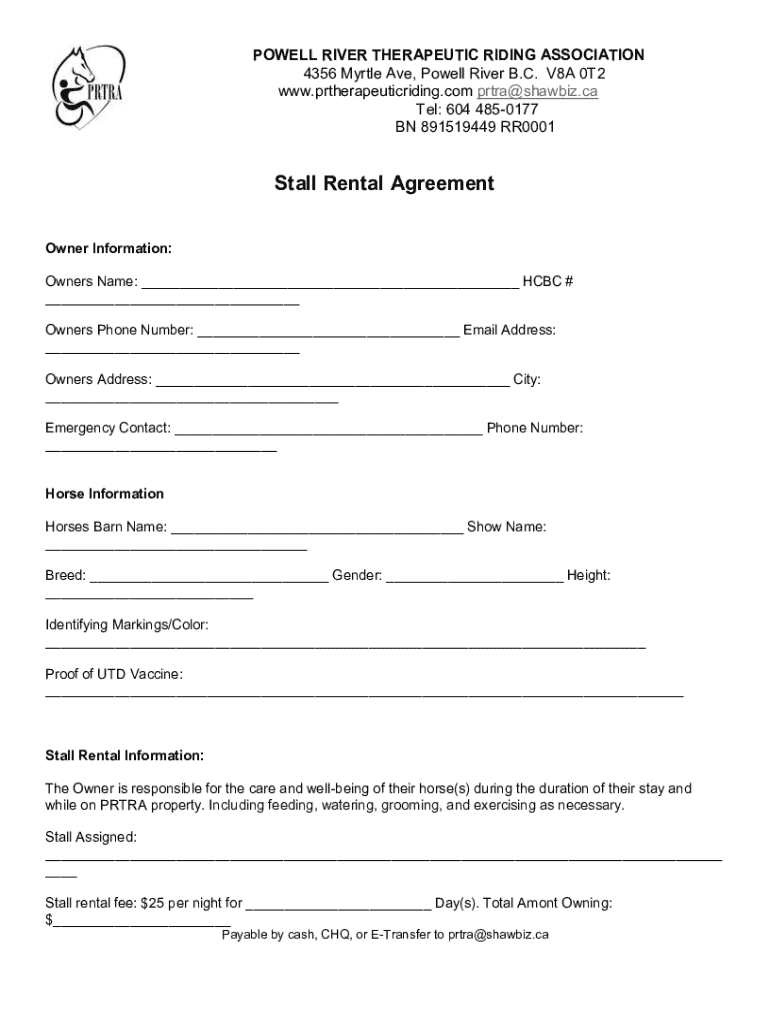 Fillable Online Stall Rental Agreement for Powell River Therapeutic ...