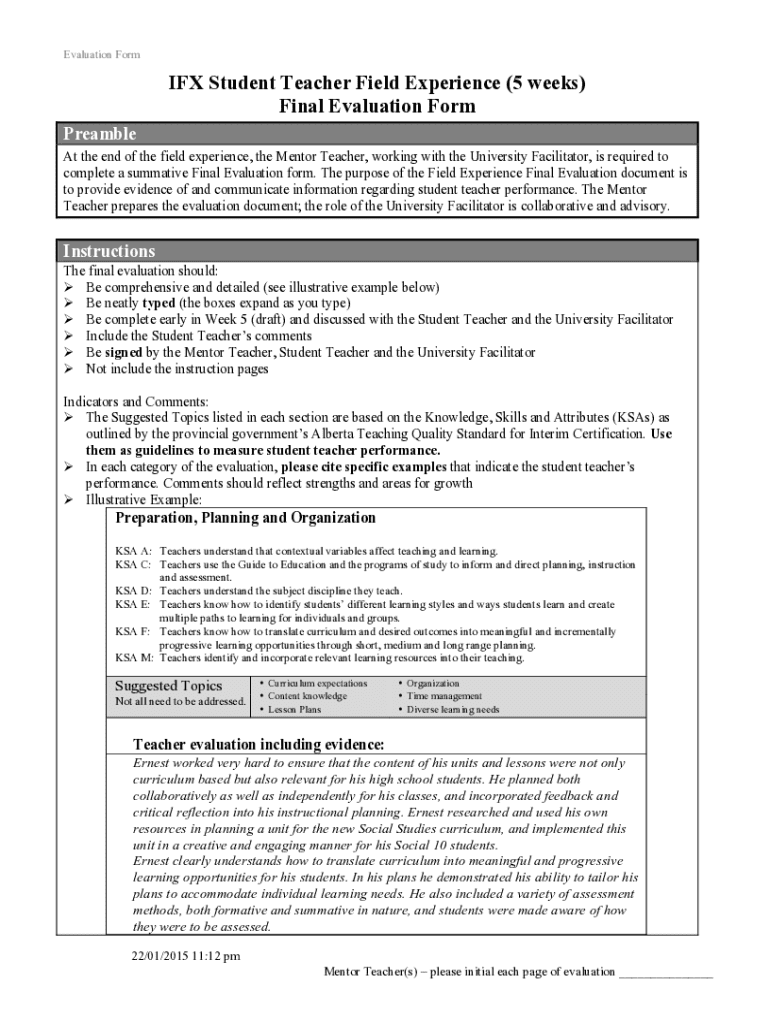 Fillable Online Ifx Student Teacher Field Experience (5 Weeks) Final ...