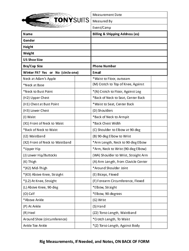 Fillable Online Rig Measurements, If Needed, and Notes, ON BACK OF FORM ...