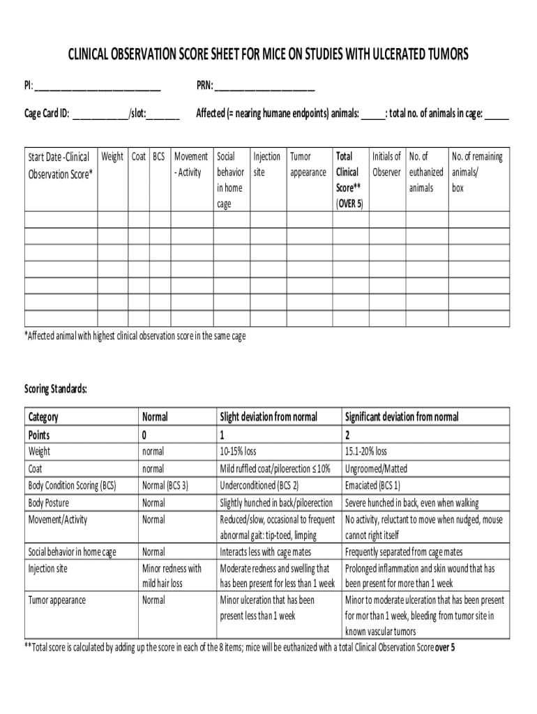 Fillable Online Clinical Observation Score Sheet Fax Email Print ...