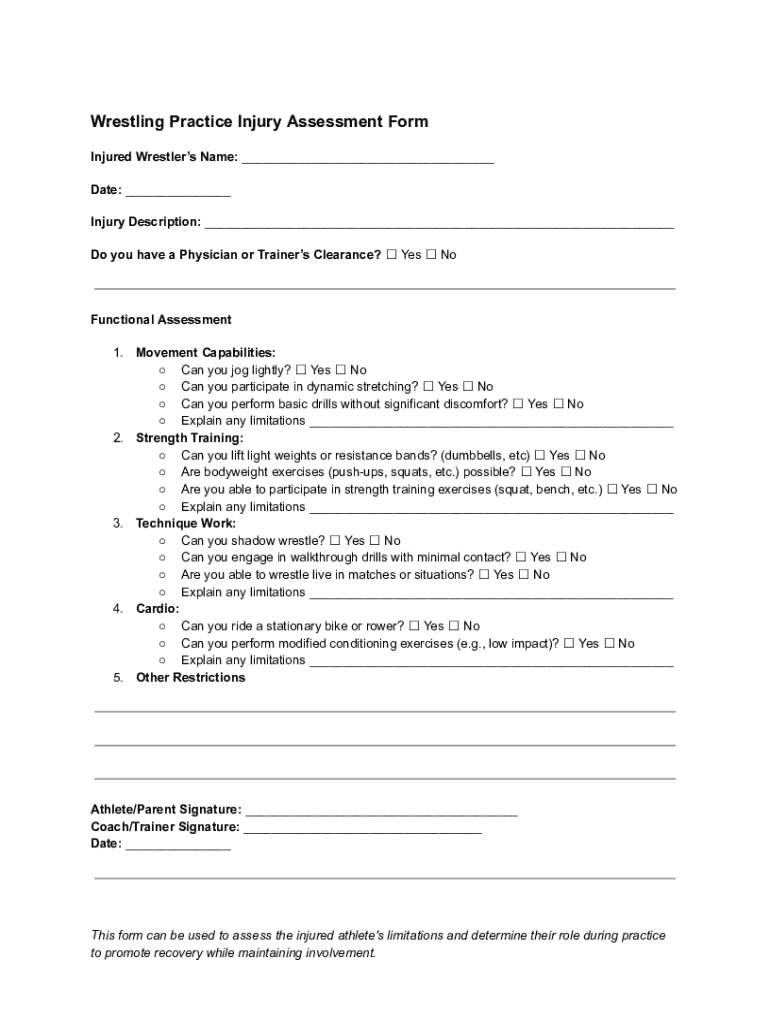 Fillable Online Wrestling Practice Injury Assessment Form Fax Email ...