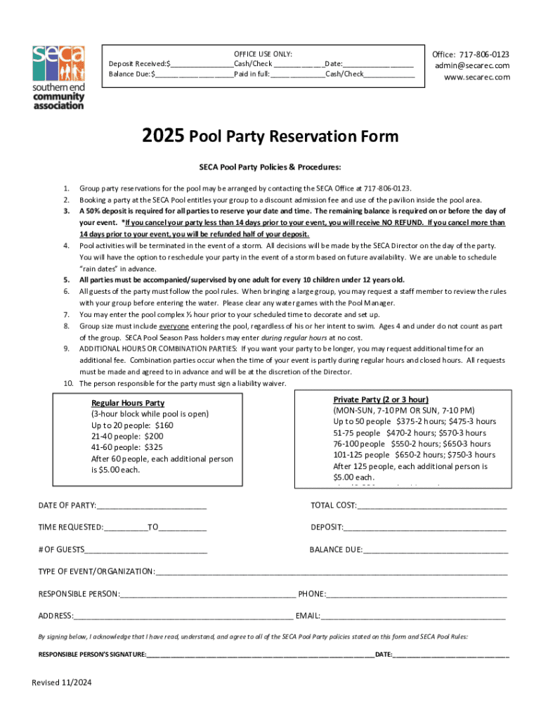 Fillable Online Seca Pool Party Reservation Fax Email Print - pdfFiller