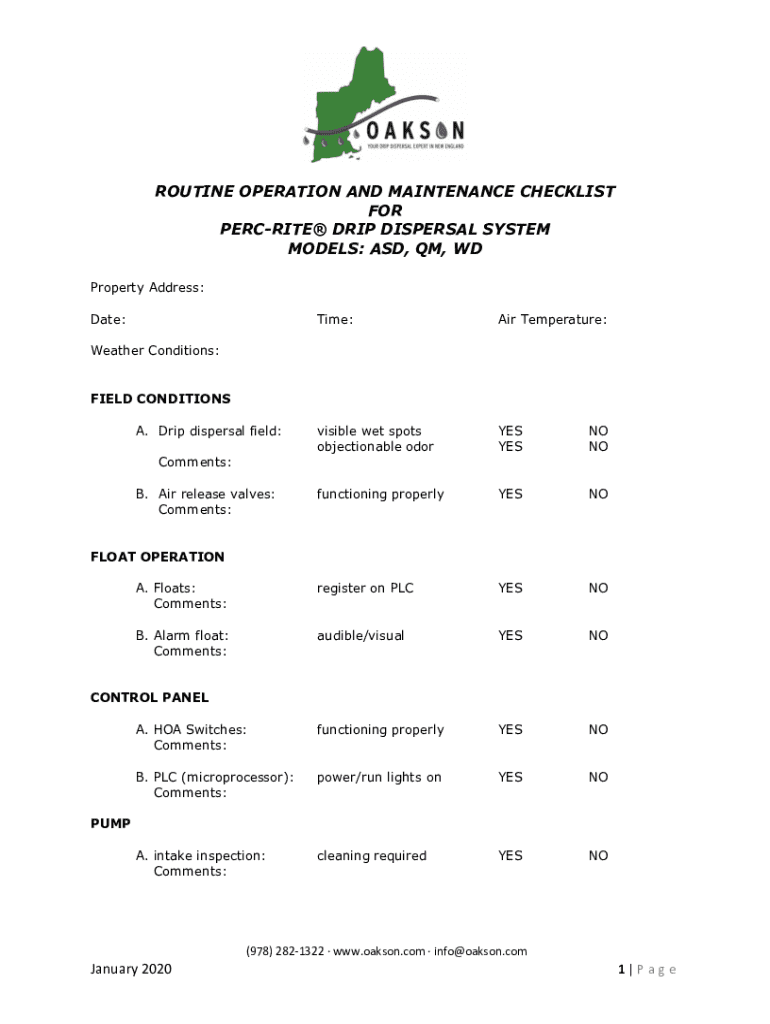 Fillable Online Routine Operation and Maintenance Checklist for Perc ...