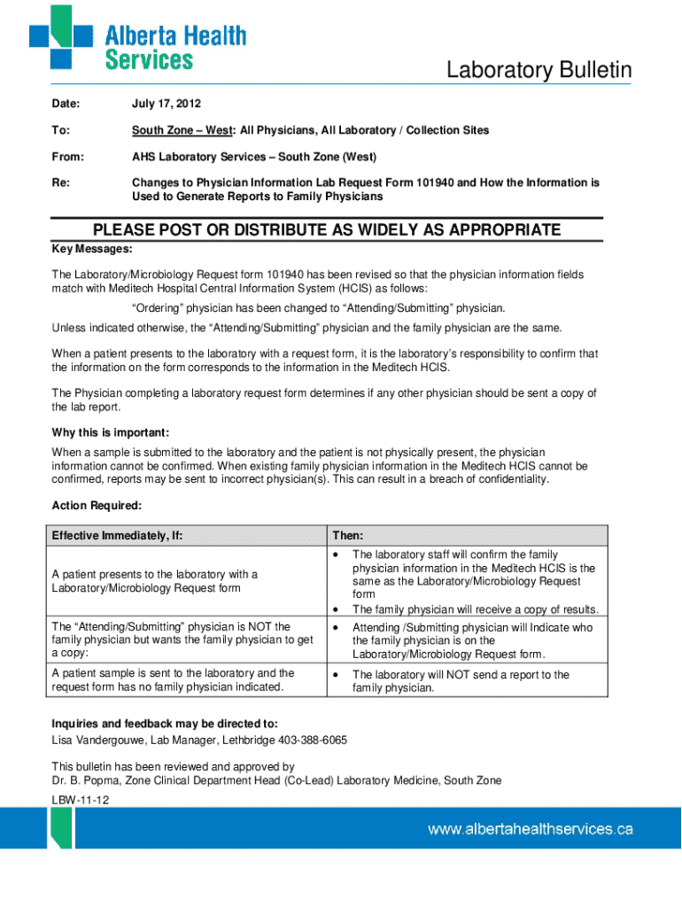 Fillable Online Changes to Physician Information Lab Request Form ...