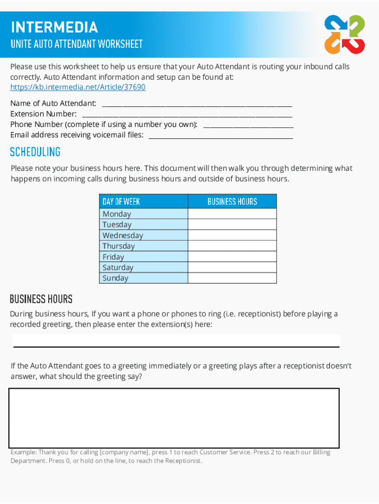Fillable Online Auto Attendant Setup Worksheet Fax Email Print - pdfFiller