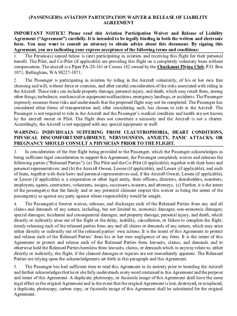 Fillable Online Aviation Participation Waiver and Release of Liability ...
