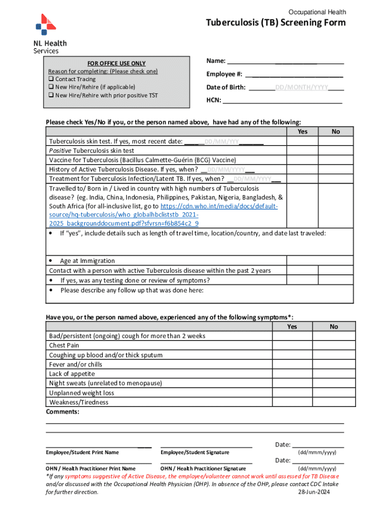 Fillable Online Occupational Health Tuberculosis Screening Fax Email ...