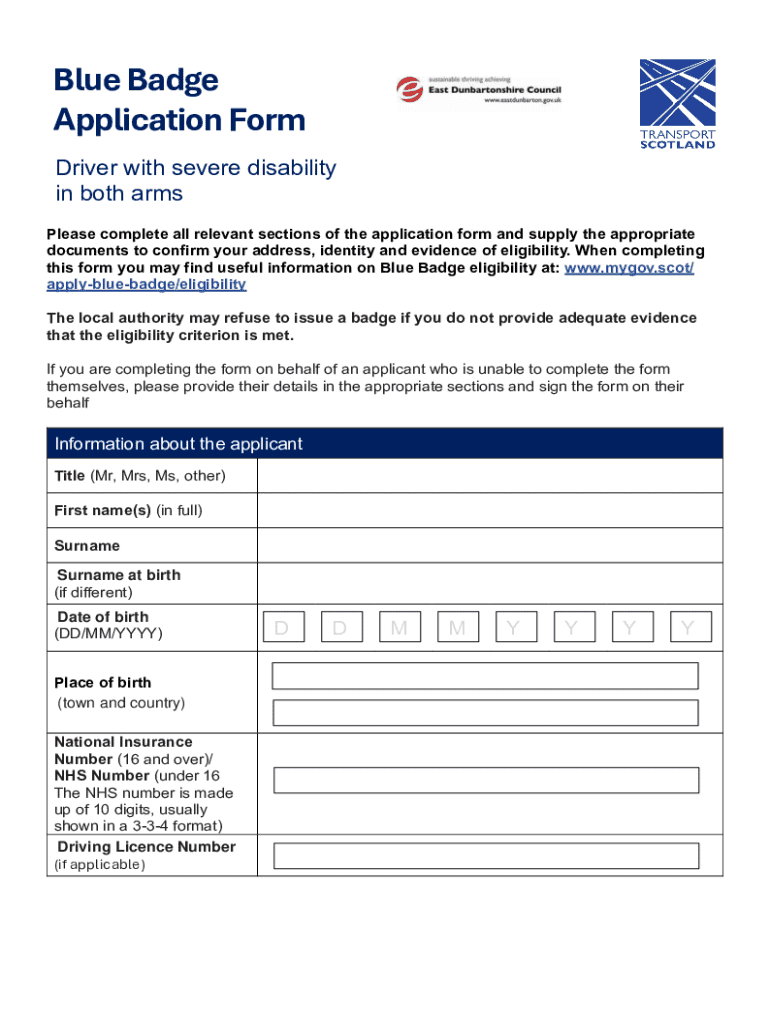 Fillable Online Blue Badge Application Form - Driver With Severe ...