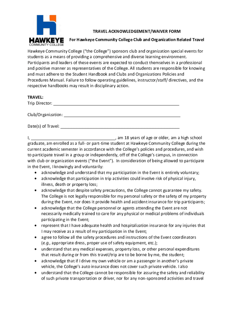 Fillable Online Travel Acknowledgement/waiver Form Fax Email Print ...