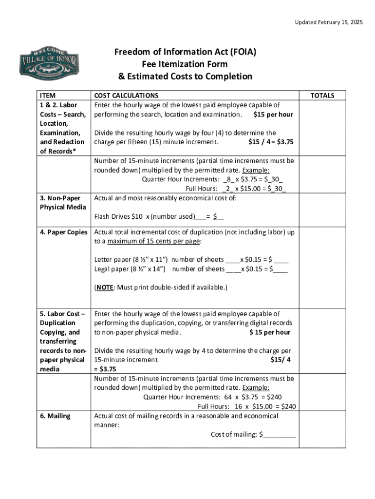 Fillable Online Foia Fee Itemization Form & Estimated Costs to Completion Fax Email Print ...