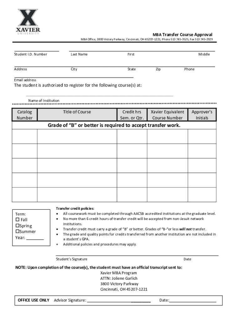Fillable Online Mba Transfer Course Approval Form Fax Email Print - pdfFiller