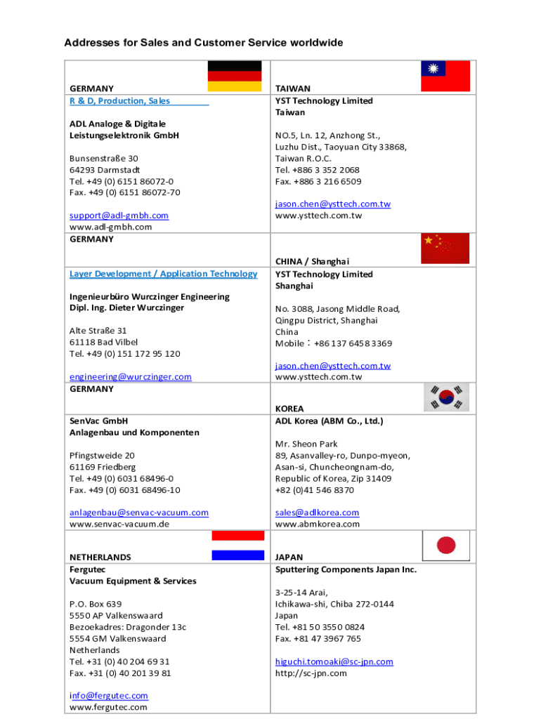 Fillable Online Addresses for Sales and Customer Service Worldwide Fax Email Print - pdfFiller
