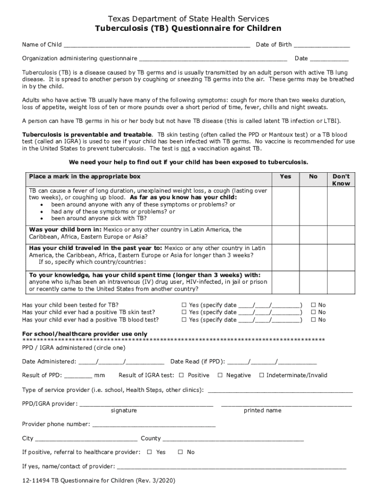 Fillable Online Tuberculosis (tb) Questionnaire for Children Fax Email ...
