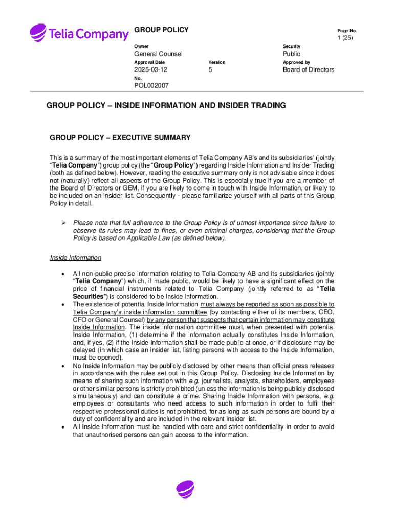 Fillable Online Group Policy – Inside Information and Insider Trading Fax Email Print - pdfFiller